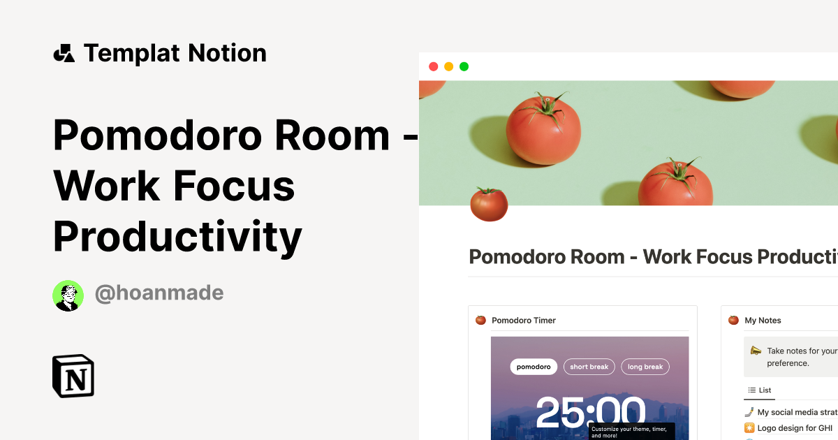 Pomodoro Room - Work Focus Productivity Templat oleh Noah Notion | Notion Marketplace