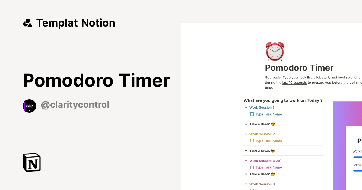 Pomodoro Timer Templat oleh ClarityControl | Notion Marketplace