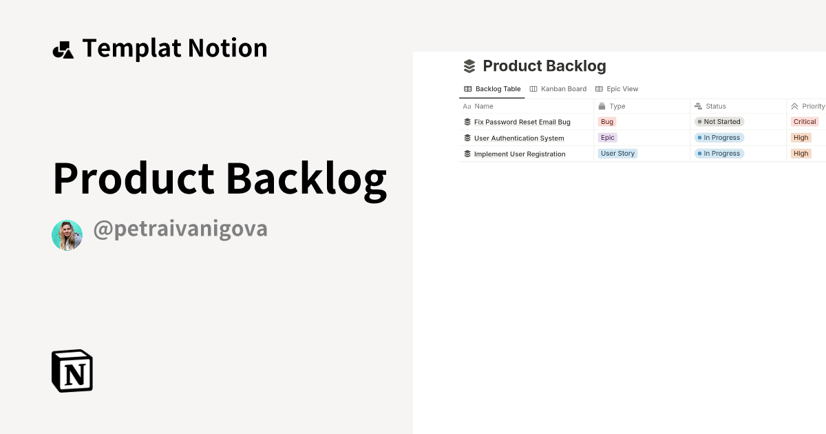 Product Backlog Templat oleh Petra Ivanigova | Notion Marketplace