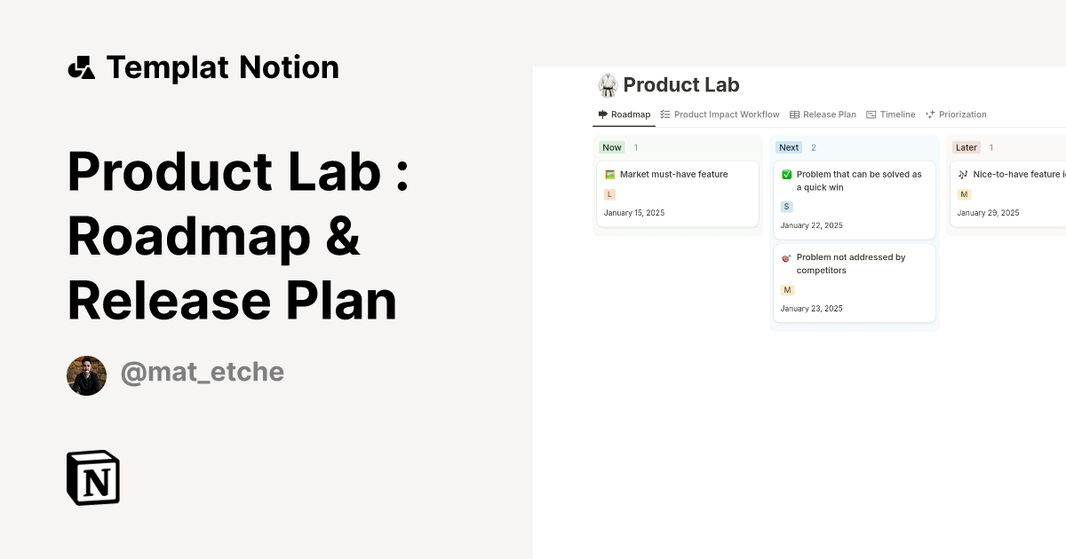 Product Lab : Roadmap & Release Plan Templat oleh Mat Etche | Notion Marketplace