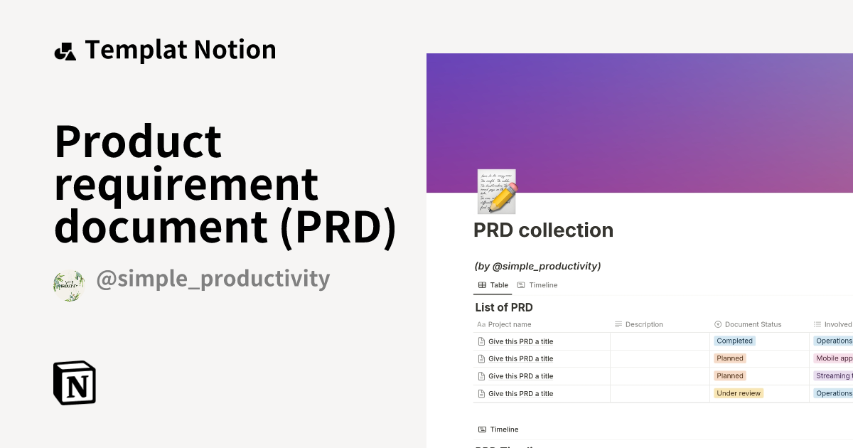 Product requirement document (PRD) Templat oleh Simple Productivity | Notion Marketplace