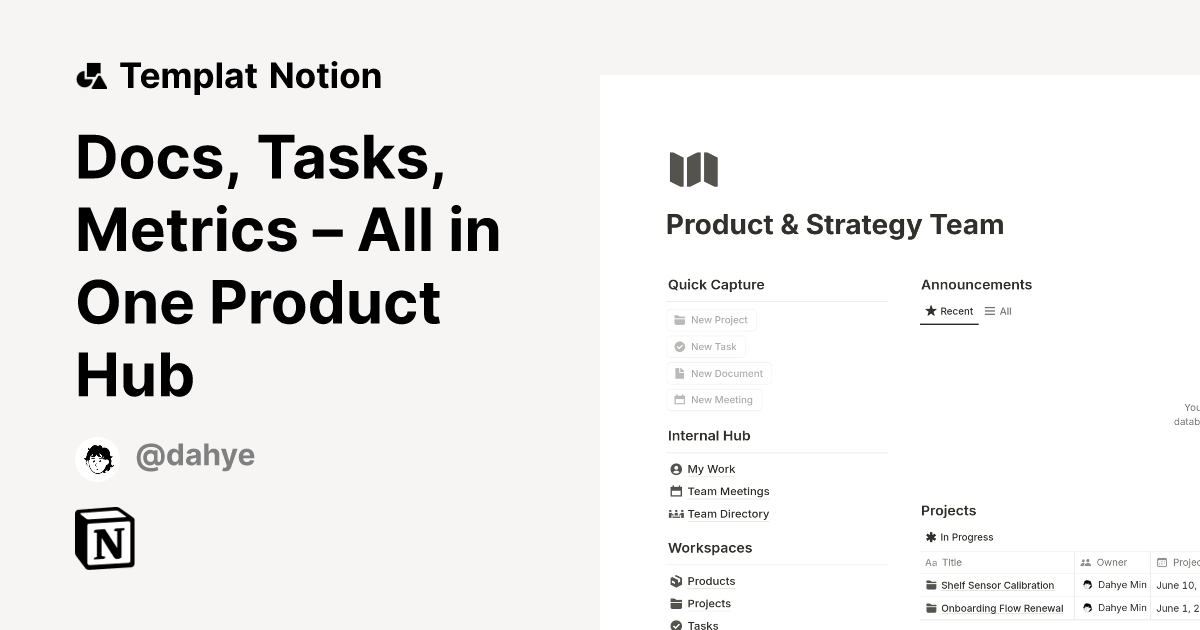 Templat Docs, Tasks, Metrics – All in One Product Hub | Notion Marketplace