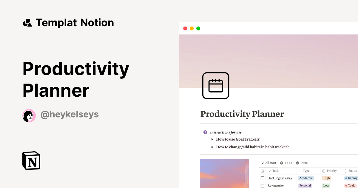 Productivity Planner Templat oleh Kelsey S | Notion Marketplace