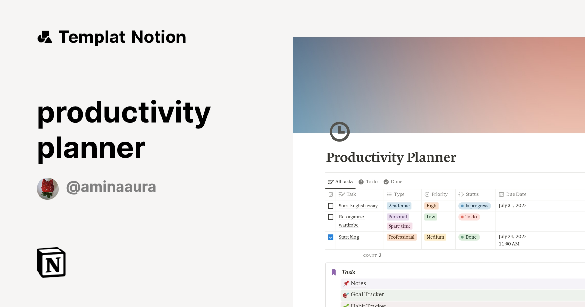 productivity planner Templat oleh Amina Aura | Notion Marketplace
