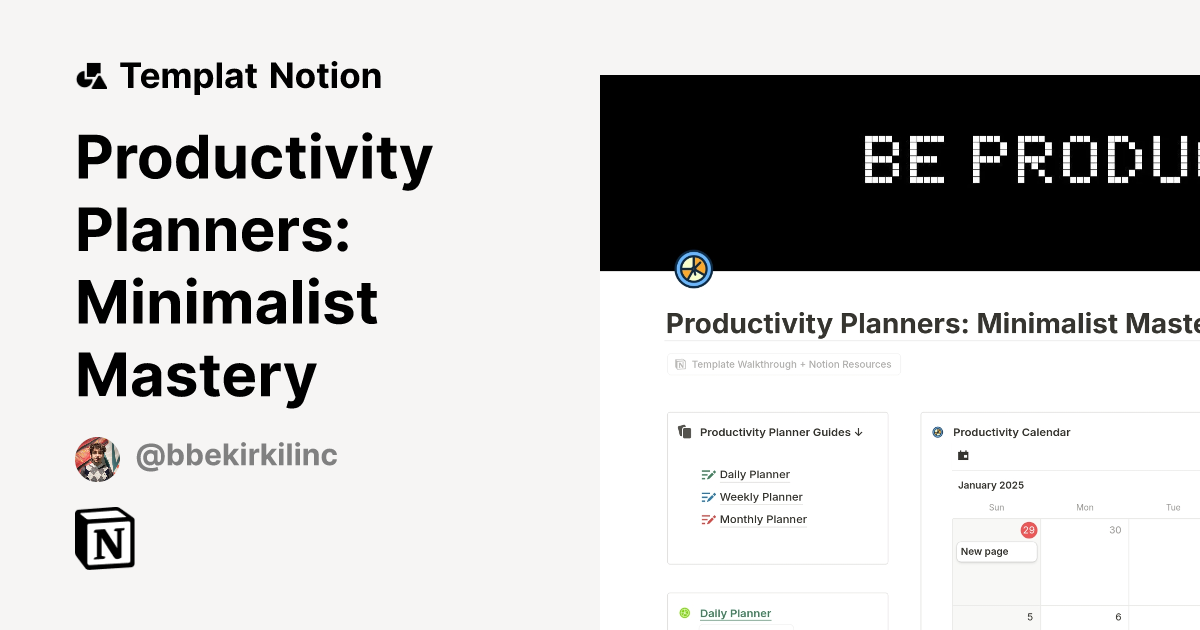 Templat Productivity Planners: Minimalist Mastery | Notion Marketplace