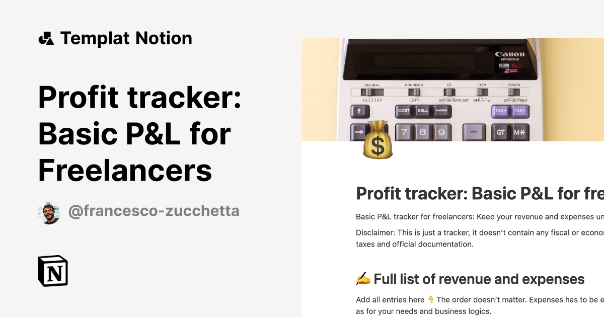 Templat Profit tracker: Basic P&L for Freelancers | Notion Marketplace