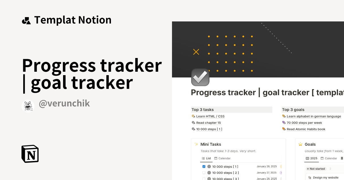 Progress tracker | goal tracker Templat oleh Verunchik | Notion Marketplace