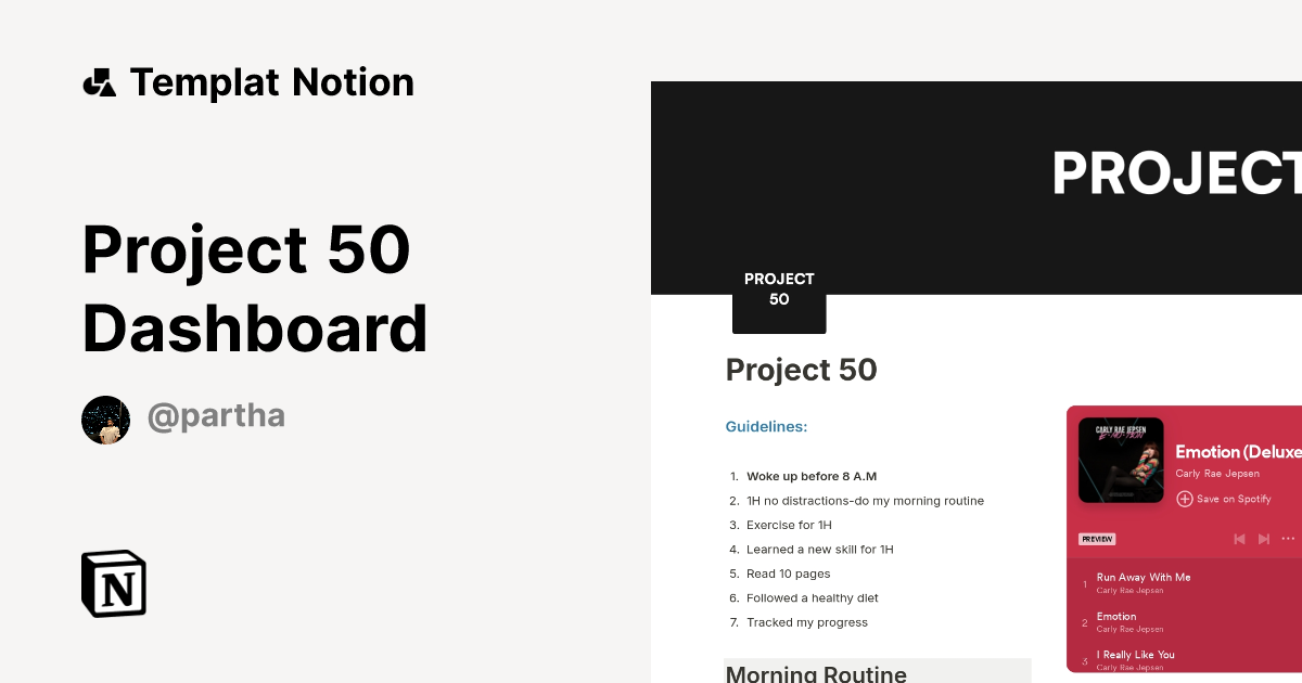 Templat Project 50 Dashboard | Notion Marketplace