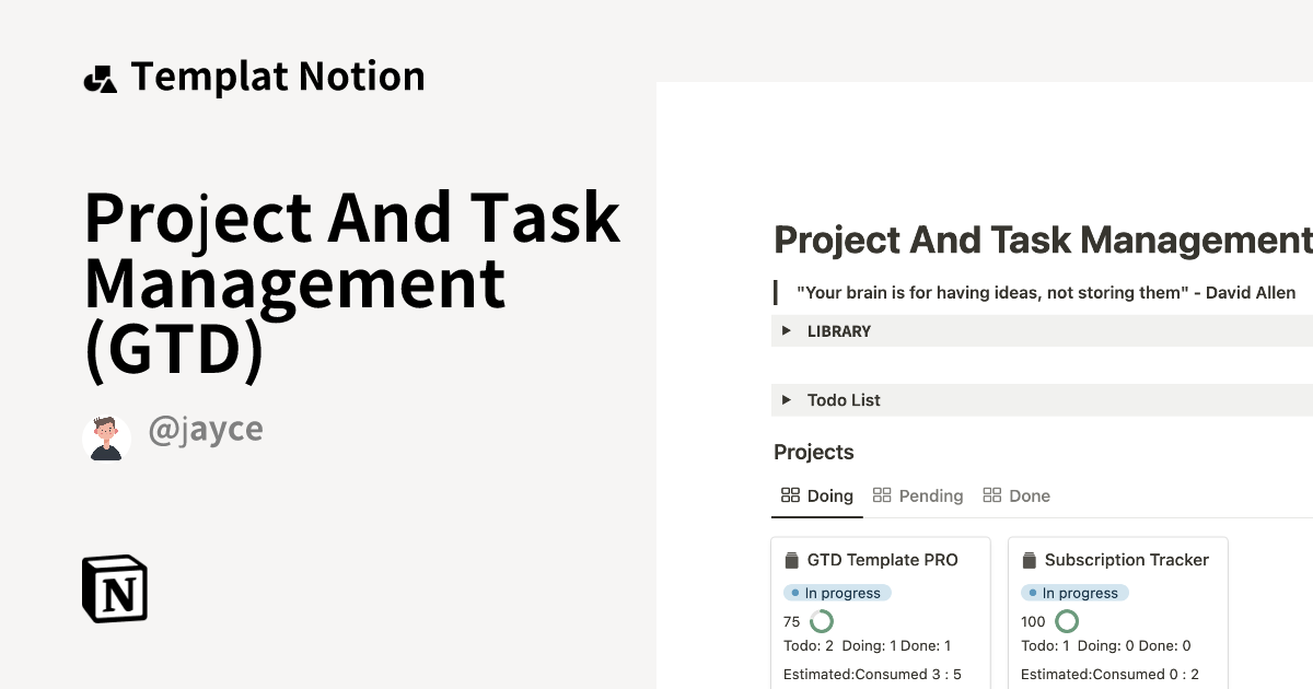Project And Task Management (GTD) Templat oleh Jayce | Notion Marketplace