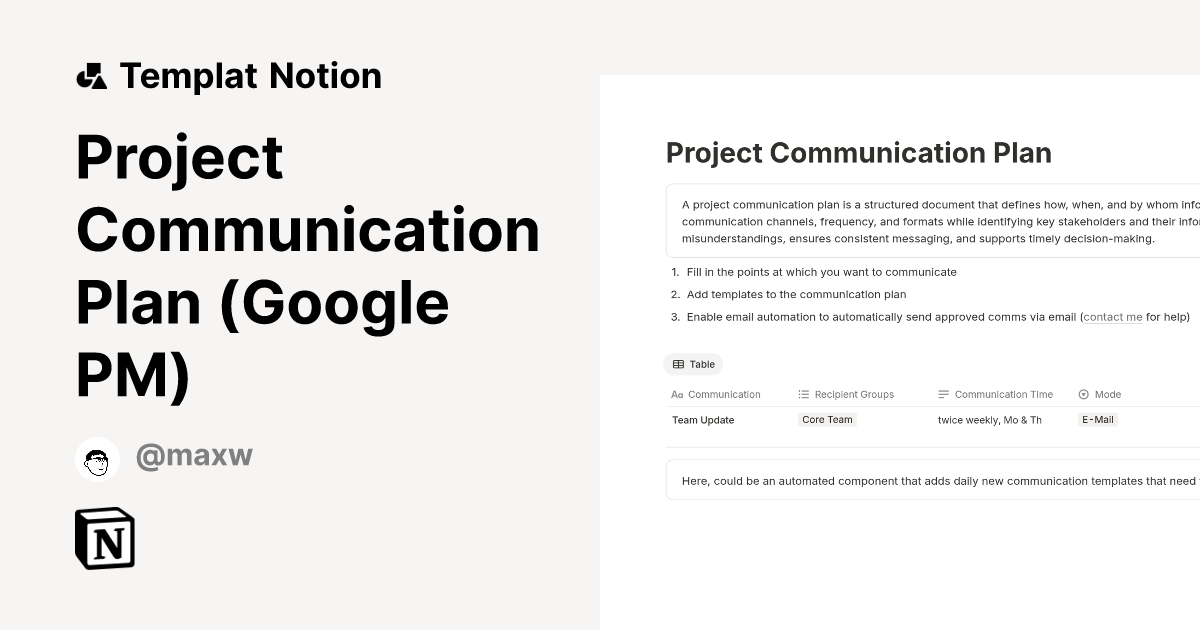 Templat Project Communication Plan (Google PM) | Notion Marketplace