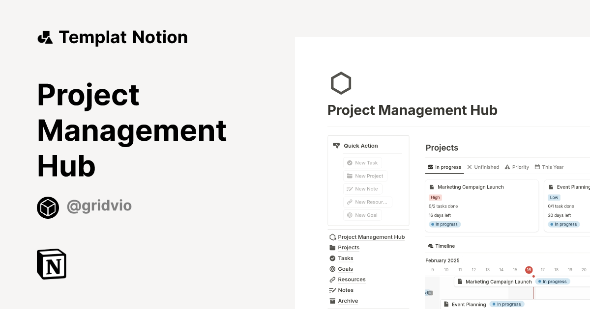 Project Management Hub Templat oleh Gridvio | Notion Marketplace
