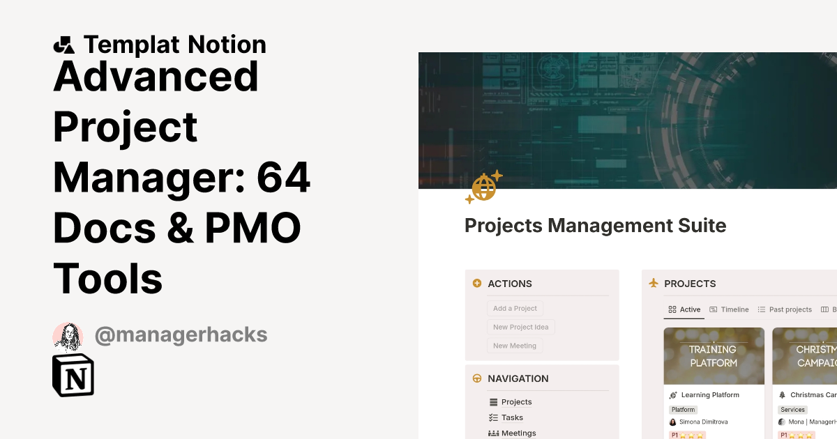Advanced Project Manager: 64 Docs & PMO Tools Templat oleh Mona | ManagerHacks | Notion Marketplace