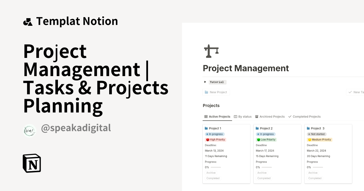 Project Management | Tasks & Projects Planning Templat oleh SpeakADigital | Notion Marketplace