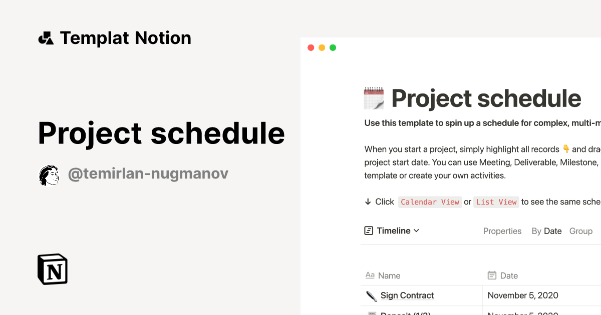 Project schedule Templat oleh Temirlan Nugmanov | Notion Marketplace