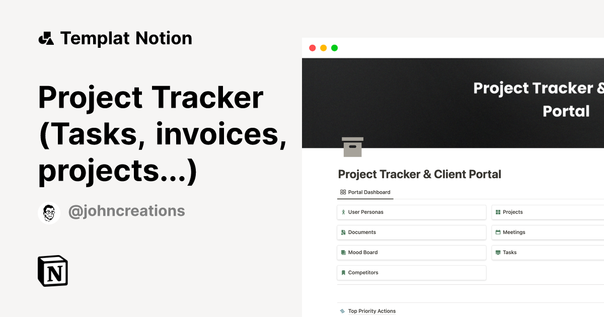 Project Tracker (Tasks, invoices, projects...) Templat oleh John Creations | Notion Marketplace
