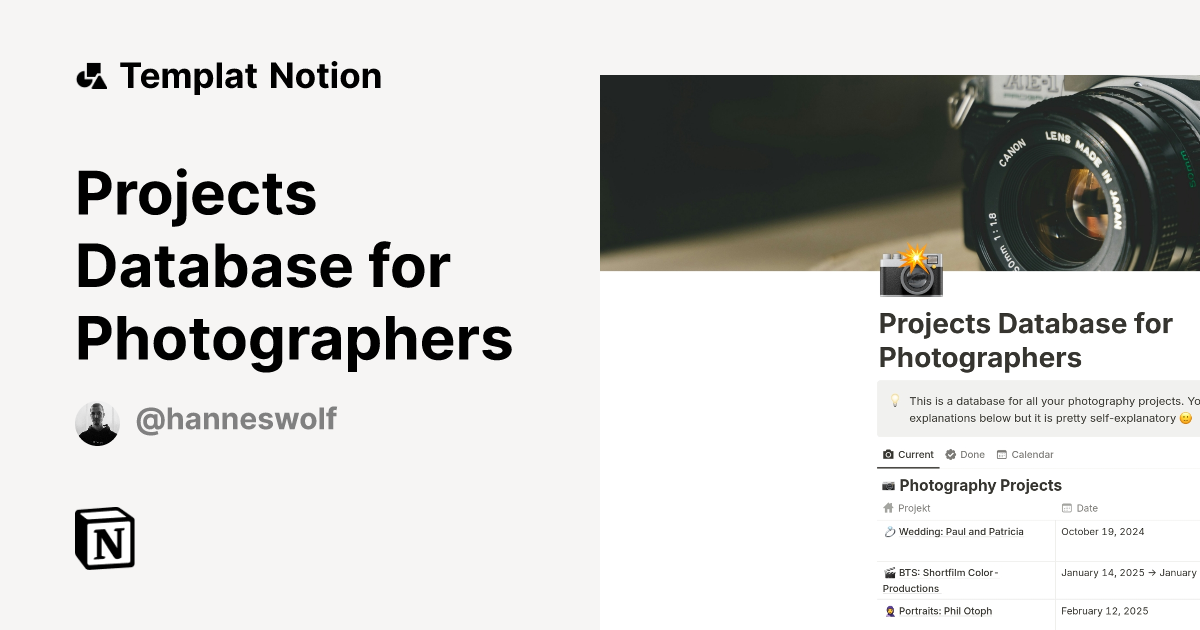 Templat Projects Database for Photographers | Notion Marketplace