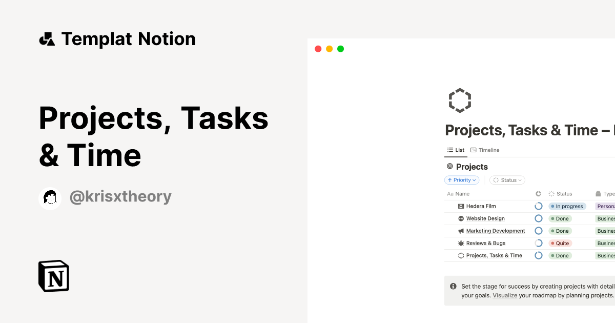 Projects, Tasks & Time Templat oleh Kris Theory | Notion Marketplace