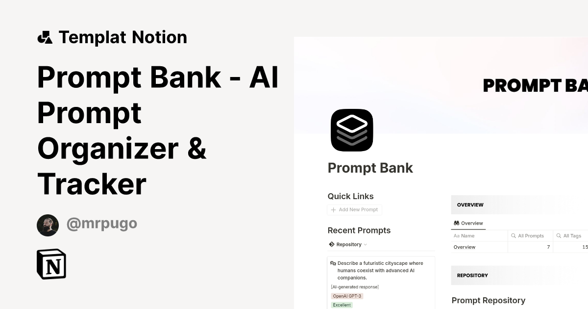 Prompt Bank - AI Prompt Organizer & Tracker Templat oleh mrpugo | Notion Marketplace