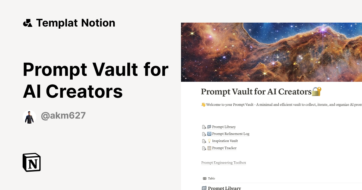 Prompt Vault for AI Creators Templat oleh akm627 | Notion Marketplace