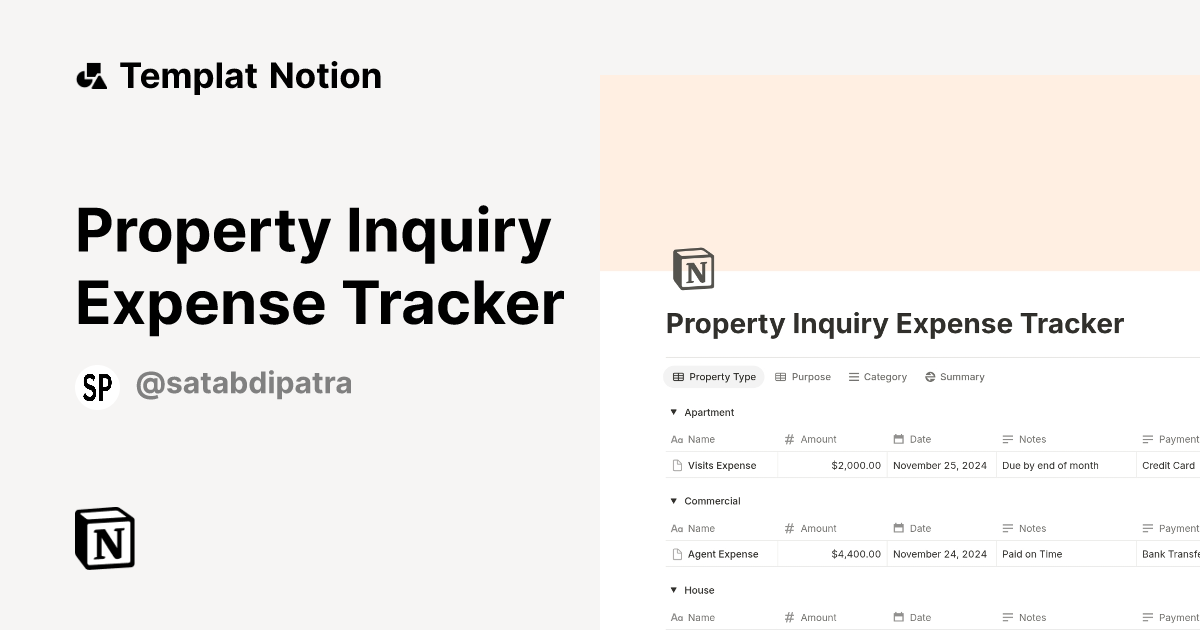 Templat Property Inquiry Expense Tracker | Notion Marketplace