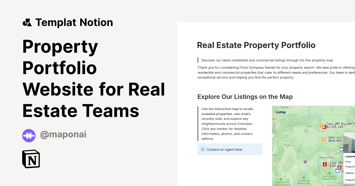 Property Portfolio Website for Real Estate Teams Templat oleh MapOn.ai | Notion Marketplace