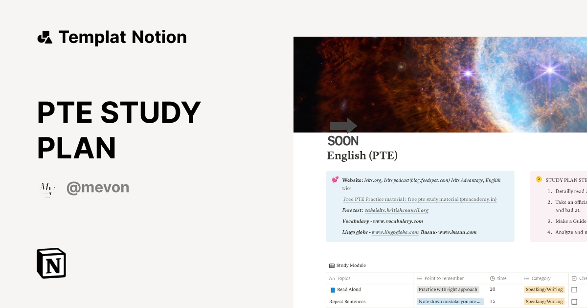 PTE STUDY PLAN Templat oleh Mevon | Notion Marketplace