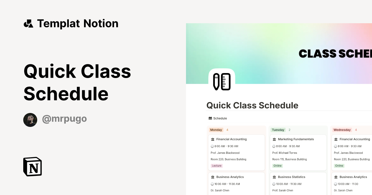 Quick Class Schedule Templat oleh mrpugo | Notion Marketplace