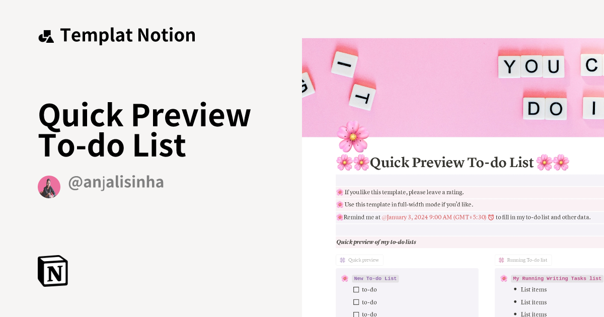 Templat Quick Preview To-do List | Notion Marketplace