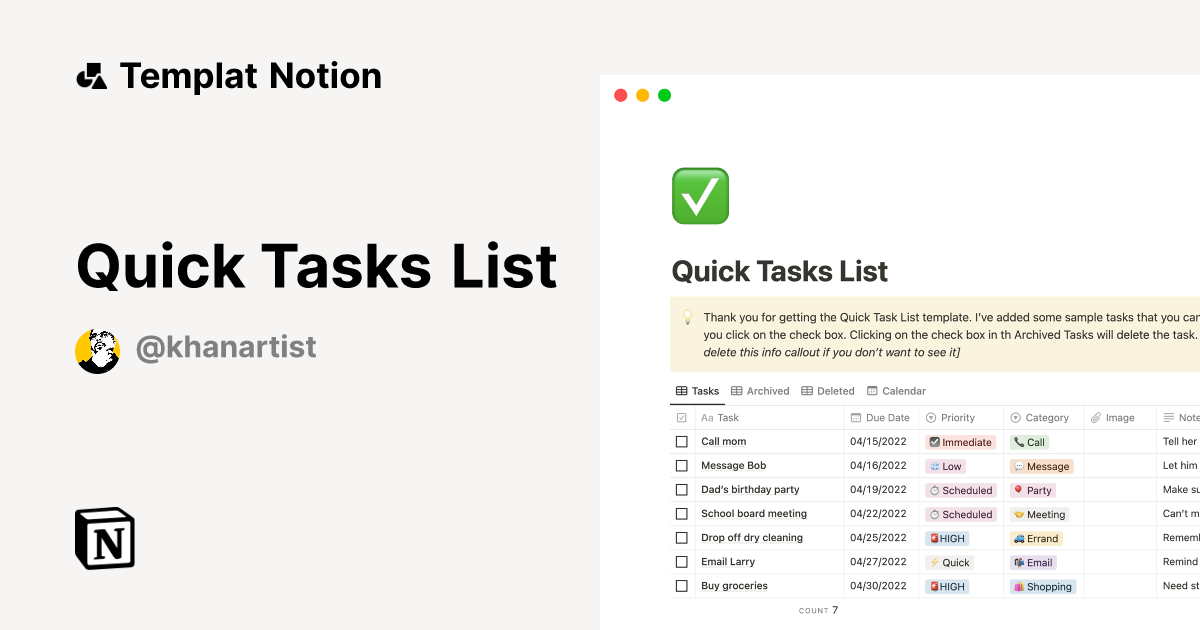 Quick Tasks List Templat oleh Ali Khan | Notion Marketplace