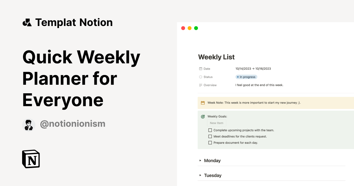 Quick Weekly Planner for Everyone Templat oleh Notionionism | Notion ...