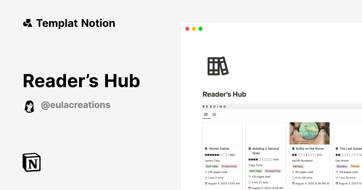 Reader’s Hub Templat oleh Eula | Notion Marketplace