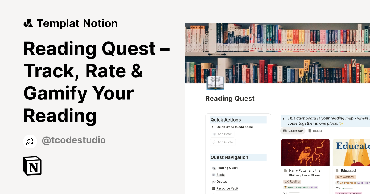 Templat Reading Quest – Track, Rate & Gamify Your Reading | Notion ...
