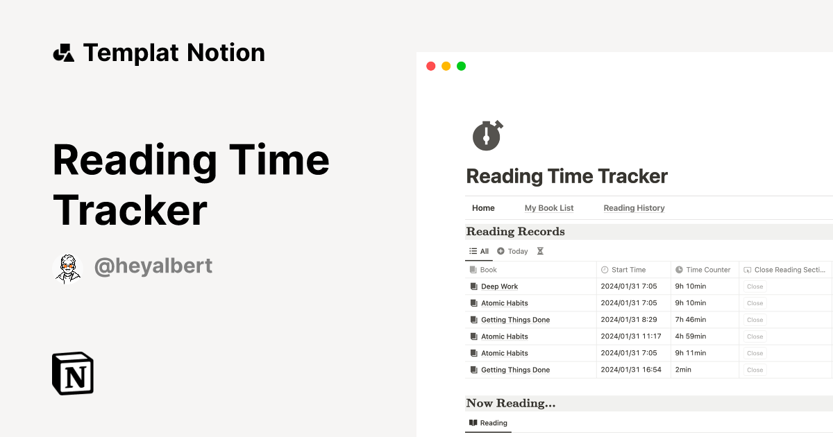 Reading Time Tracker Templat oleh HeyAlbert | Notion Marketplace