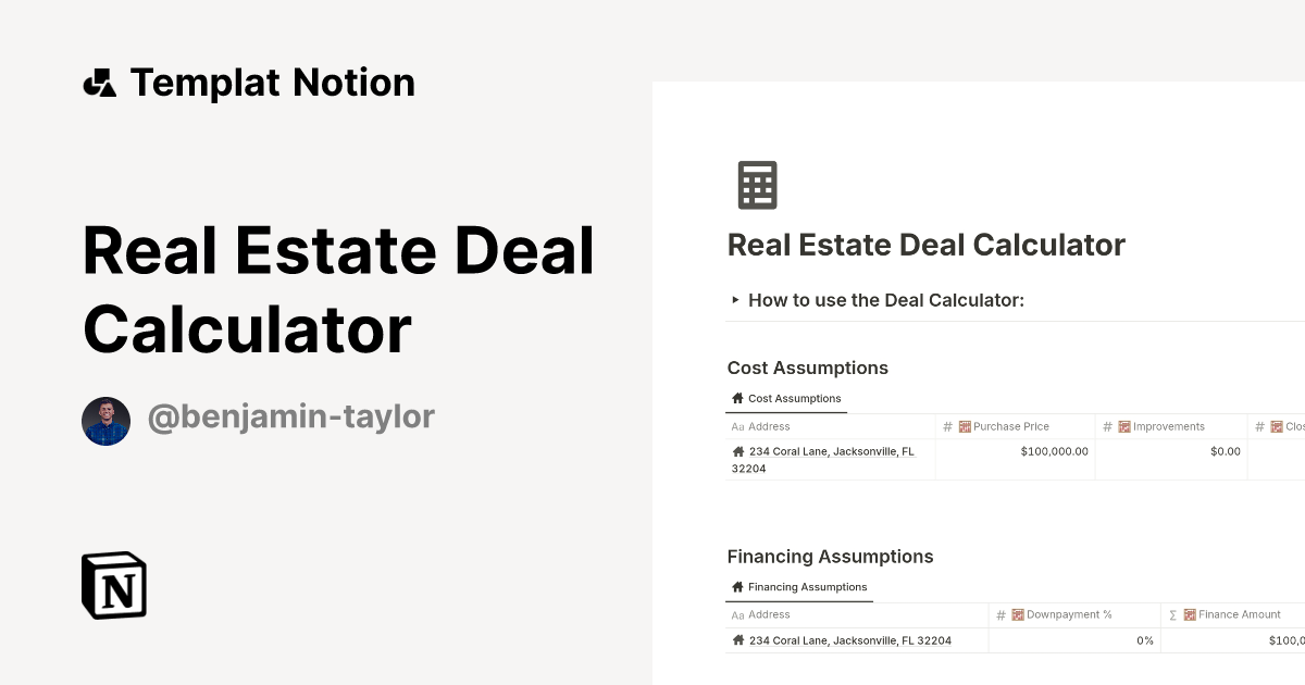 Templat Real Estate Deal Calculator | Notion Marketplace