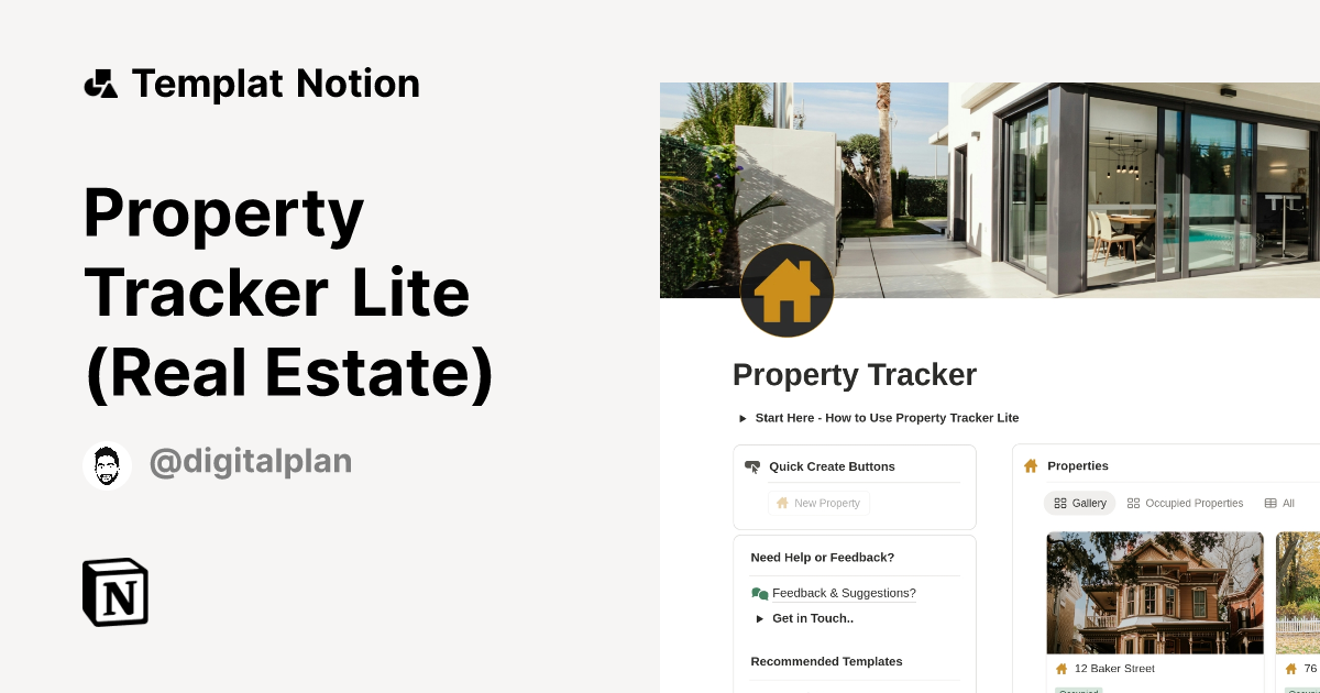 Property Tracker Lite (Real Estate) Templat oleh Digital Plan | Notion ...