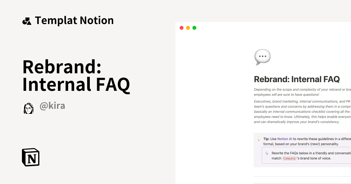 Rebrand: Internal FAQ Templat oleh Kira Klaas | Notion Marketplace