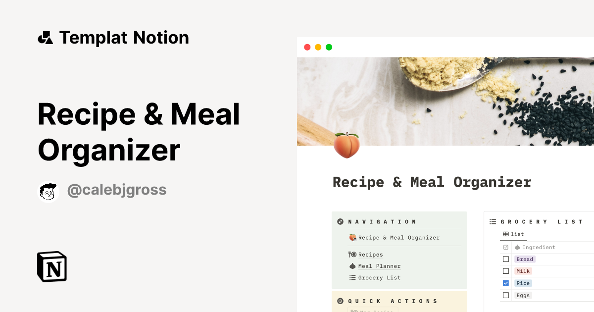 Recipe & Meal Organizer Templat oleh Caleb J. Gross | Notion Marketplace
