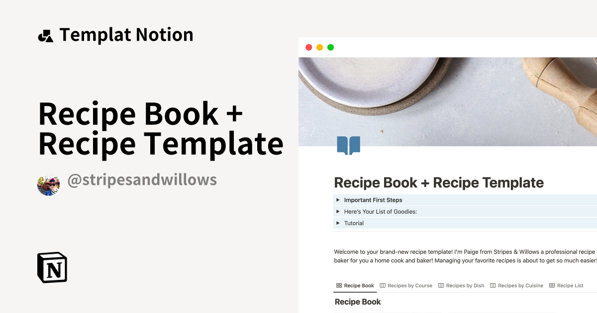 Recipe Book + Recipe Template Templat oleh Stripes & Willows | Notion Marketplace