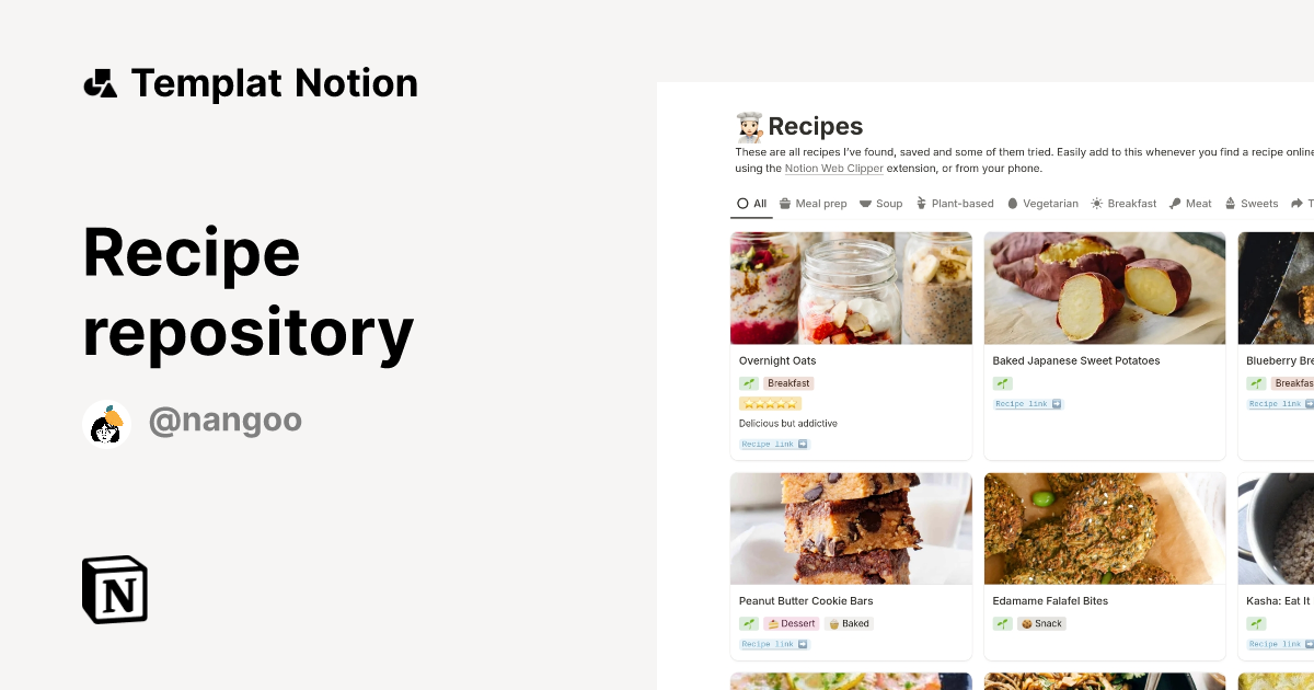 Recipe repository Templat oleh Nan | Notion Marketplace