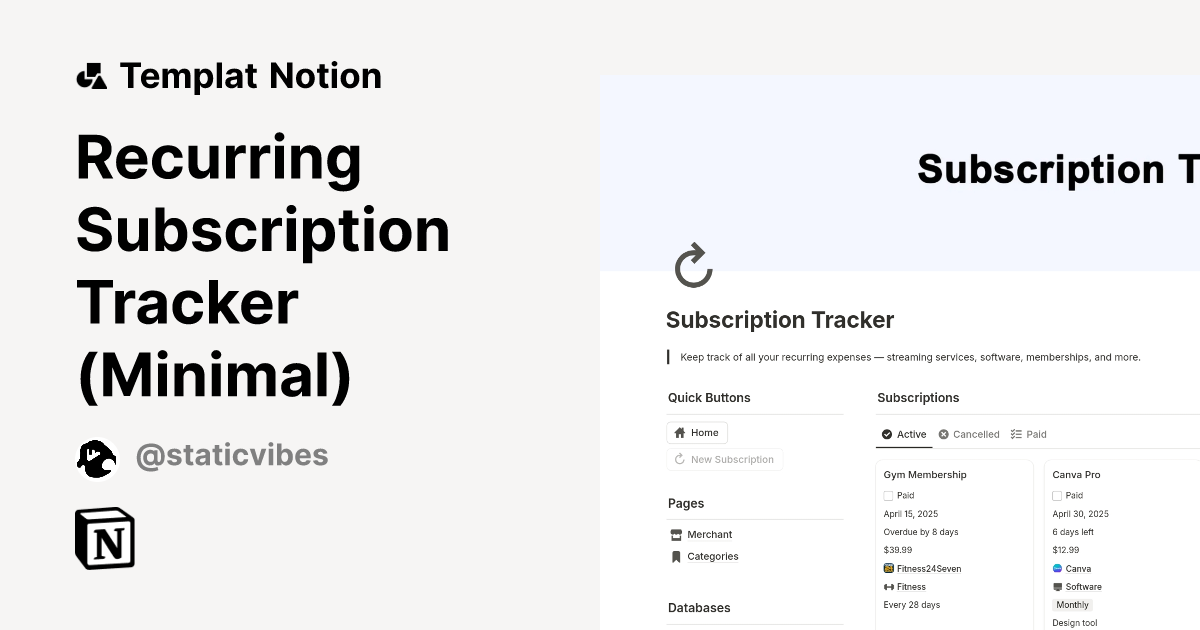 Templat Recurring Subscription Tracker (Minimal) | Notion Marketplace