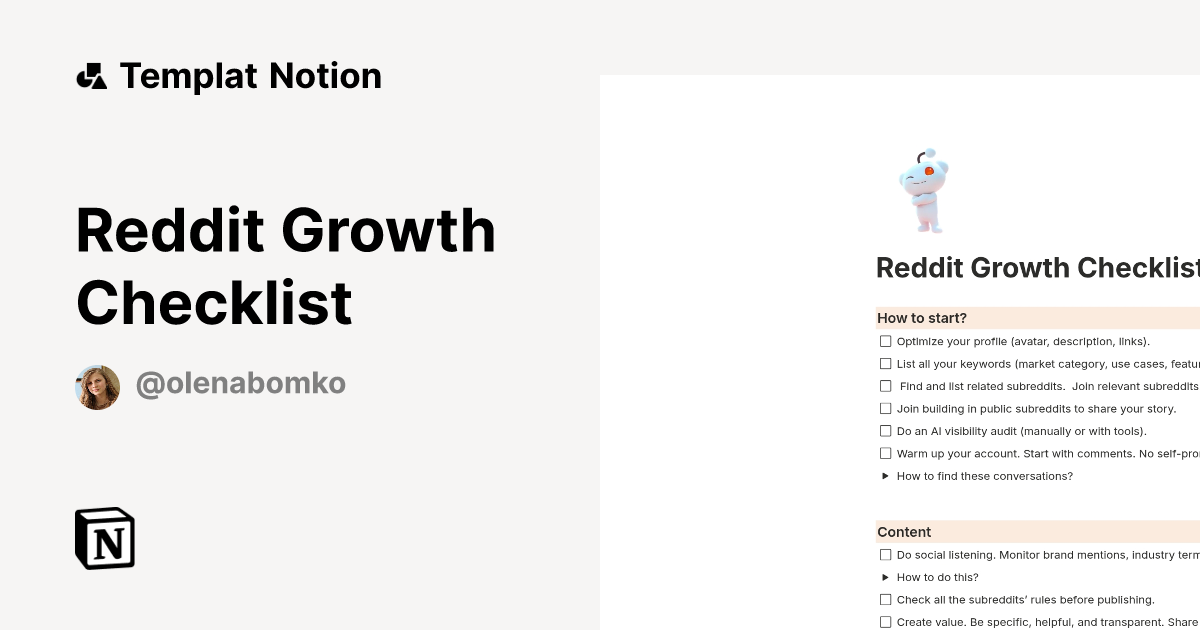 Reddit Growth Checklist Templat oleh Olena Bomko | Notion Marketplace