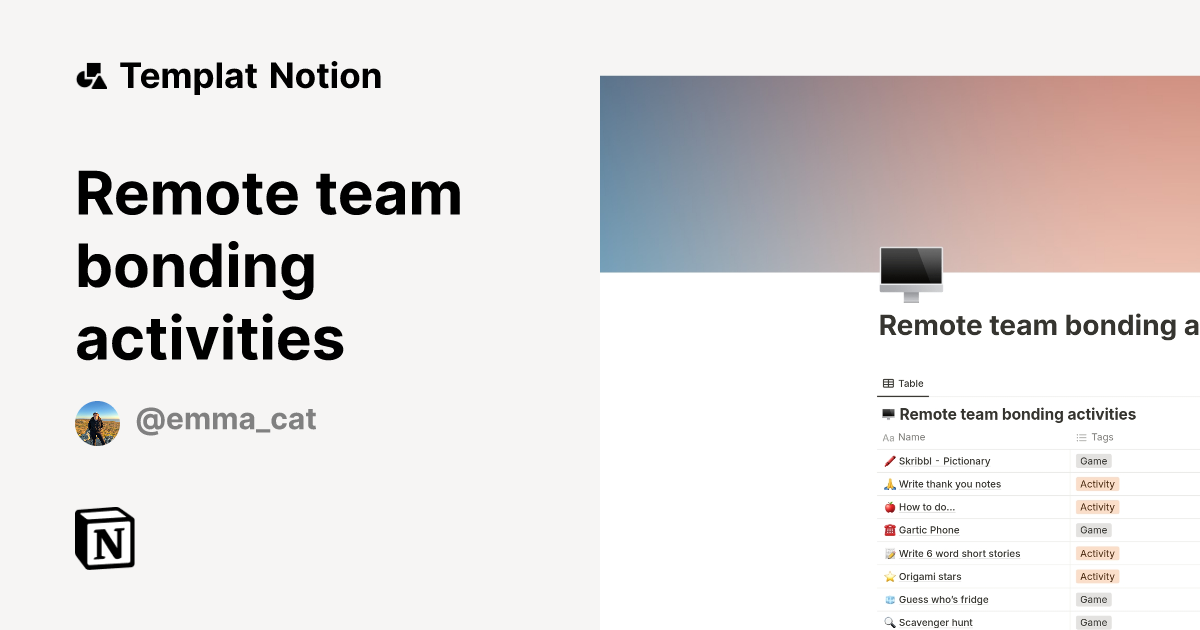 Remote team bonding activities Templat oleh Emma (Catlin) Chavez | Notion Marketplace