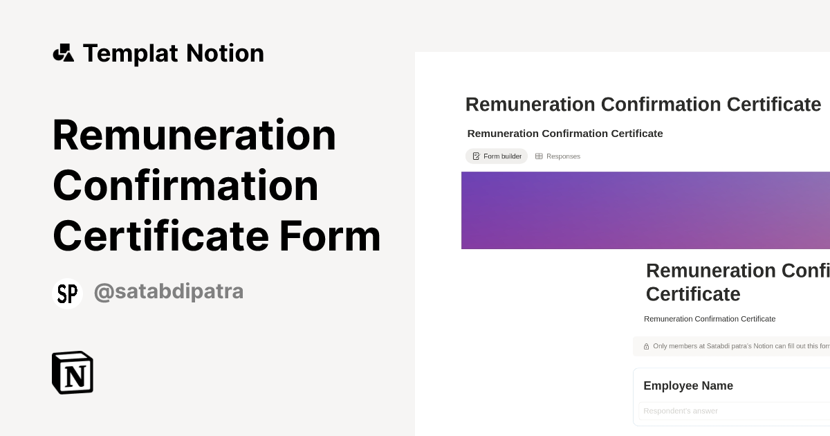 Templat Remuneration Confirmation Certificate Form | Notion Marketplace