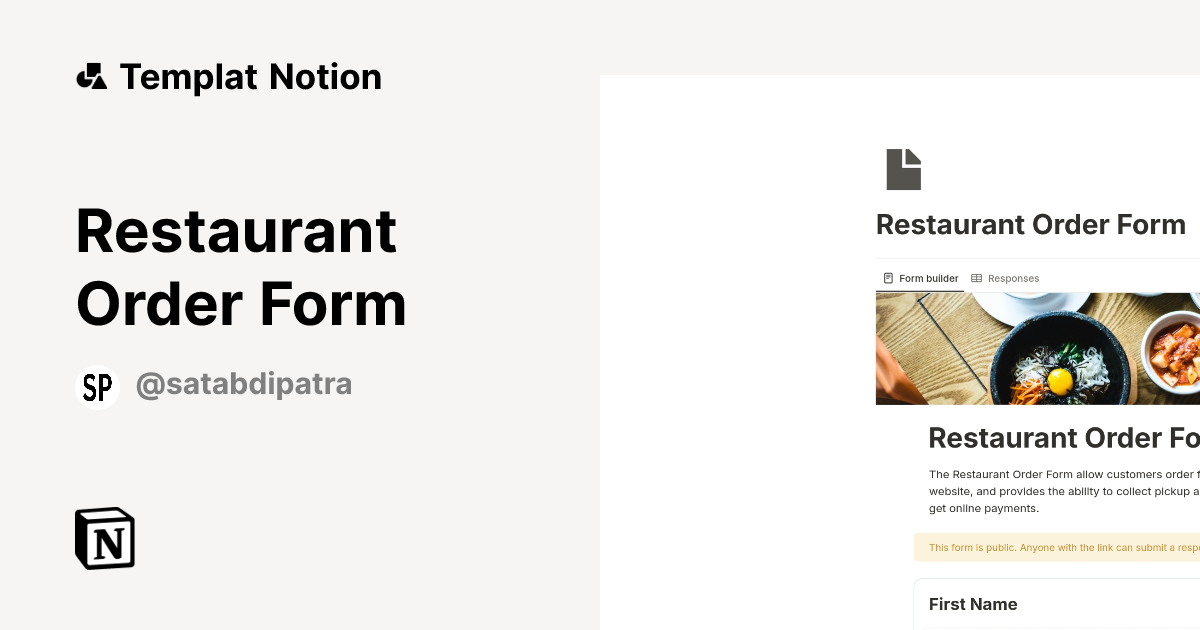 Restaurant Order Form Templat oleh Satabdi Patra | Notion Marketplace