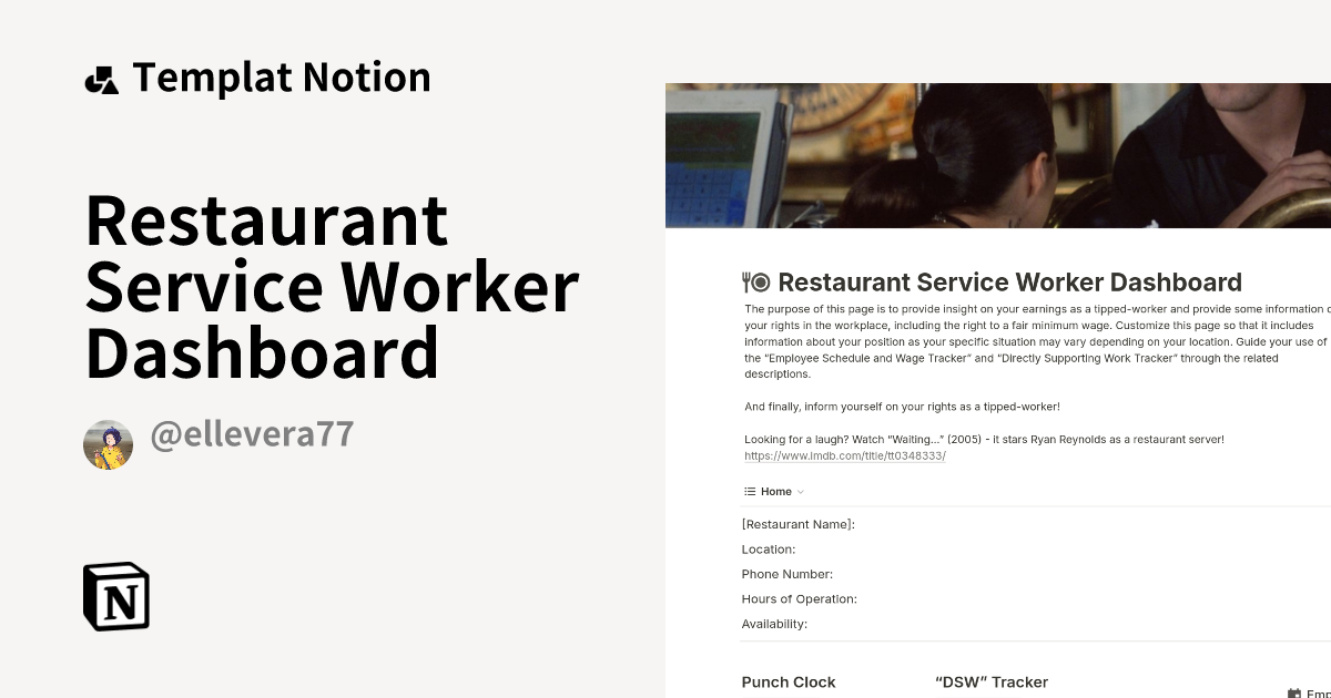 Restaurant Service Worker Dashboard Templat oleh Elle | Notion Marketplace