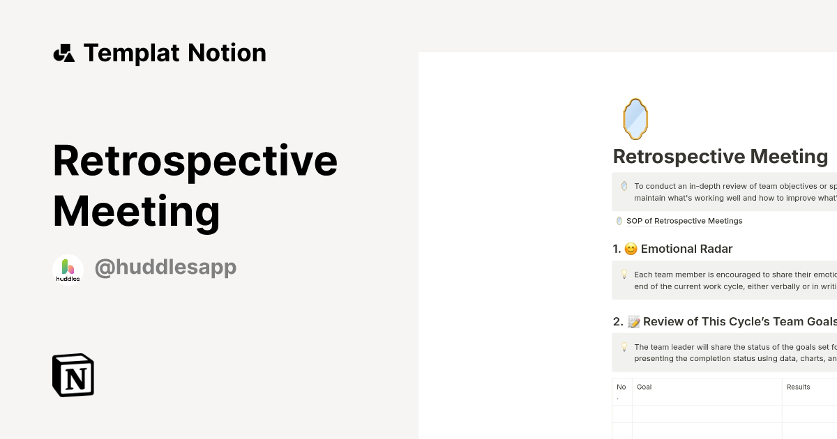 Retrospective Meeting Templat oleh Huddles.app | Notion Marketplace