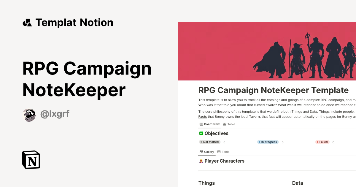 RPG Campaign NoteKeeper Templat oleh LXGRF | Notion Marketplace