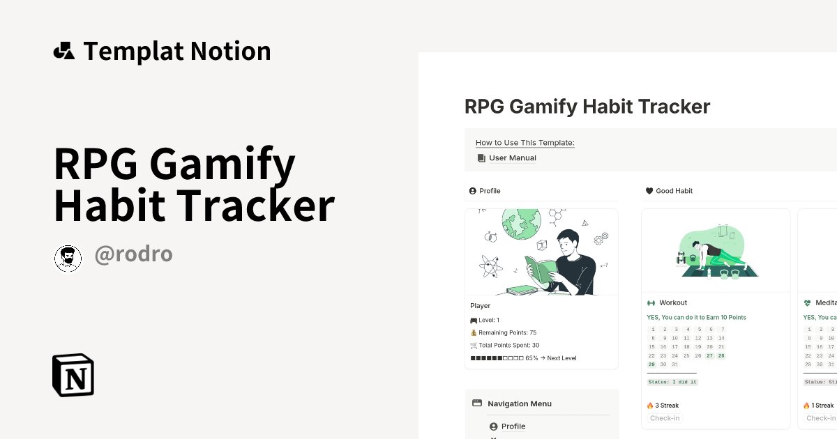 RPG Gamify Habit Tracker Templat oleh Rodro | Notion Marketplace