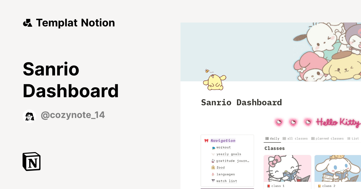 Sanrio Dashboard Templat oleh Cozy Note | Notion Marketplace