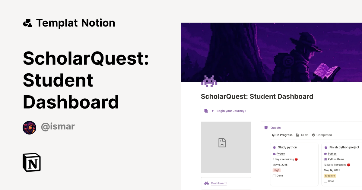 ScholarQuest: Student Dashboard Templat oleh ISMAR | Notion Marketplace